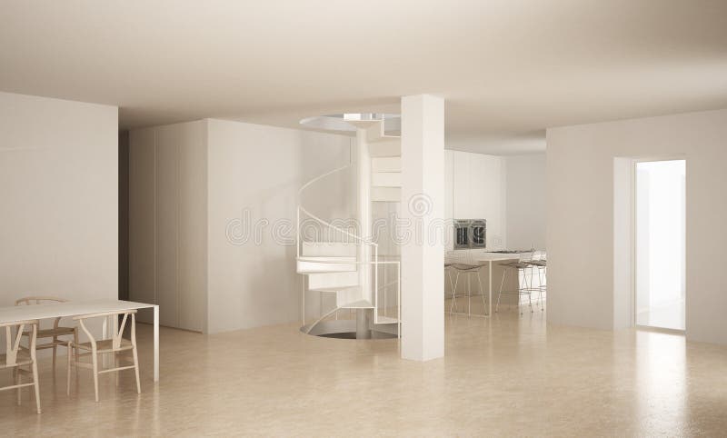 Minimalistic Stair in Modern Empty Space with Kitchen in the Bac Stock ...
