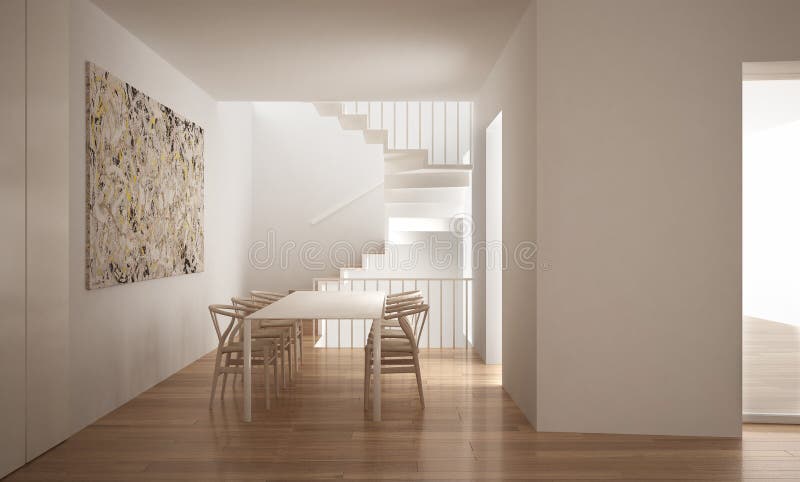 Minimalistic Stair in Modern Empty Space with Table and Chairs, White ...