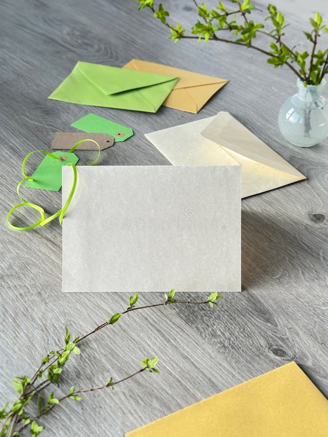 Minimalistic Stationery Display with Blank Card, Envelopes, Green ...