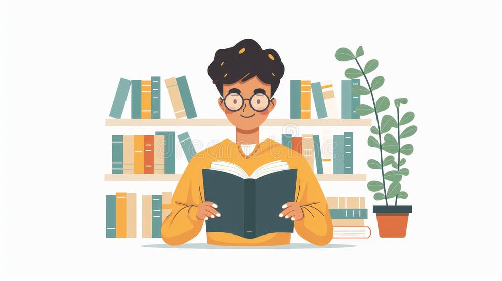 Minimalistic Student in Elegant Library Environment, Reading Peacefully ...