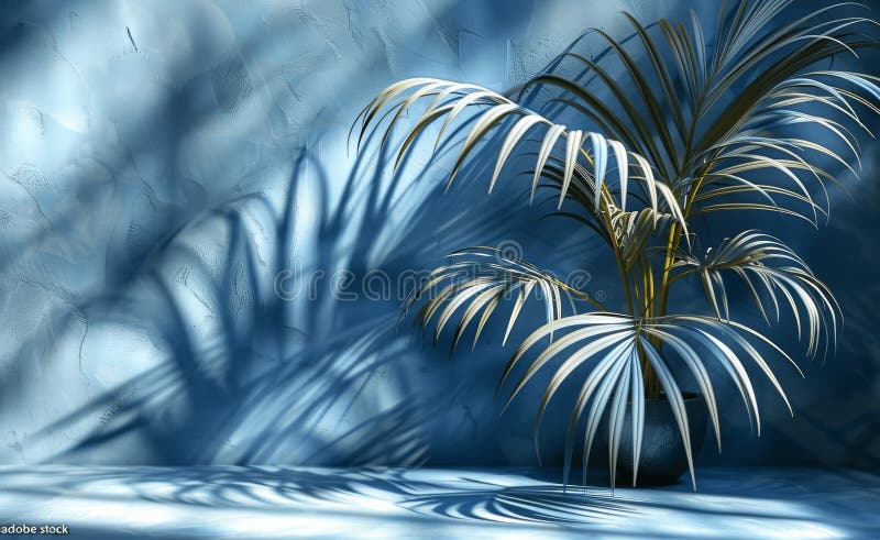Minimalistic Studio with Abstract Light Blue Background and Palm ...