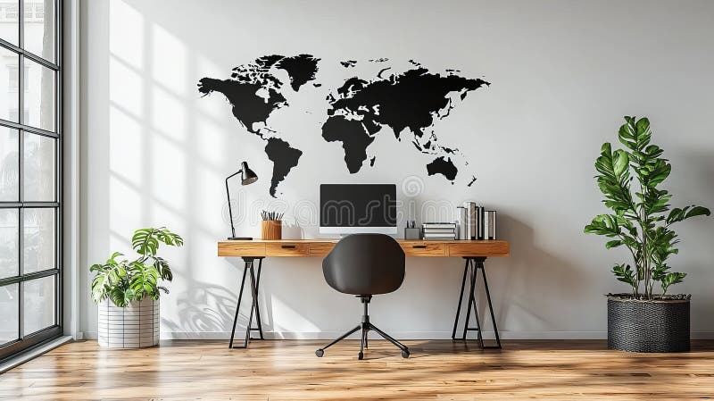 Minimalistic Study Room with a World Map, Sleek Desk, and Cozy, Modern ...