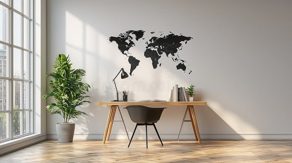 Minimalistic Study Room with a World Map, Sleek Desk, and Cozy, Modern ...