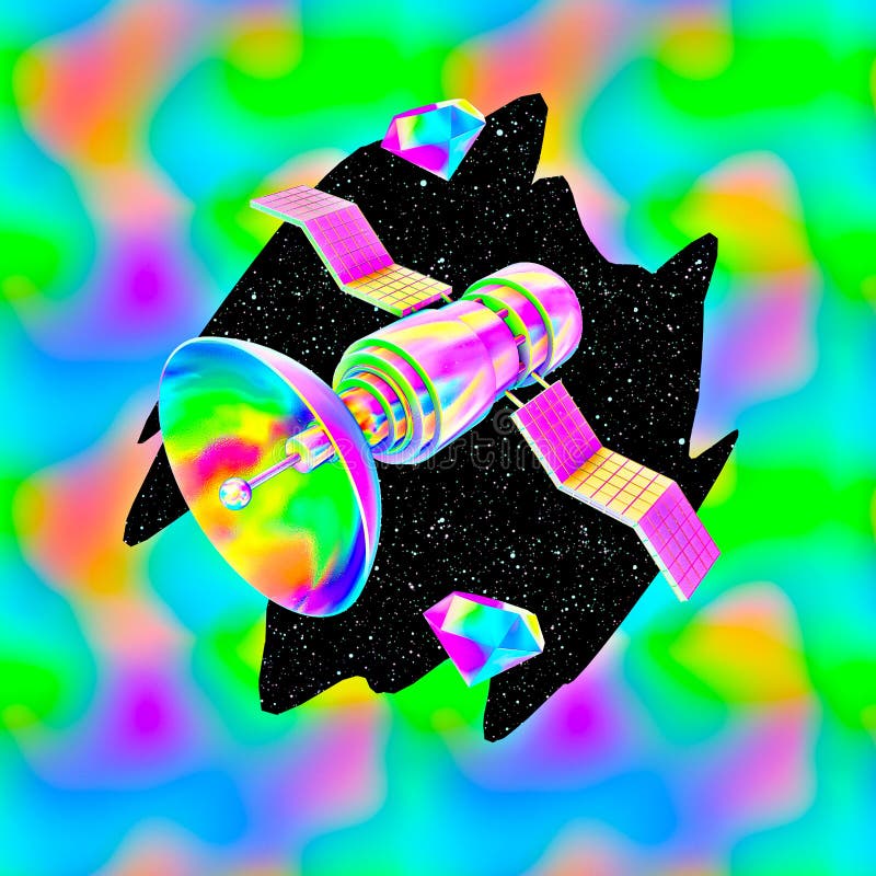 Minimalistic Stylized Collage Art. 3d Cosmic Objects. Rainbow Satellite ...