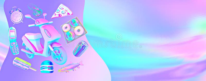 Minimalistic Stylized Collage Banner Art. 3d Render Scene Scooter and ... Minimalistic Stylized Collage Banner Art. 3d Render Scene Scooter and ...