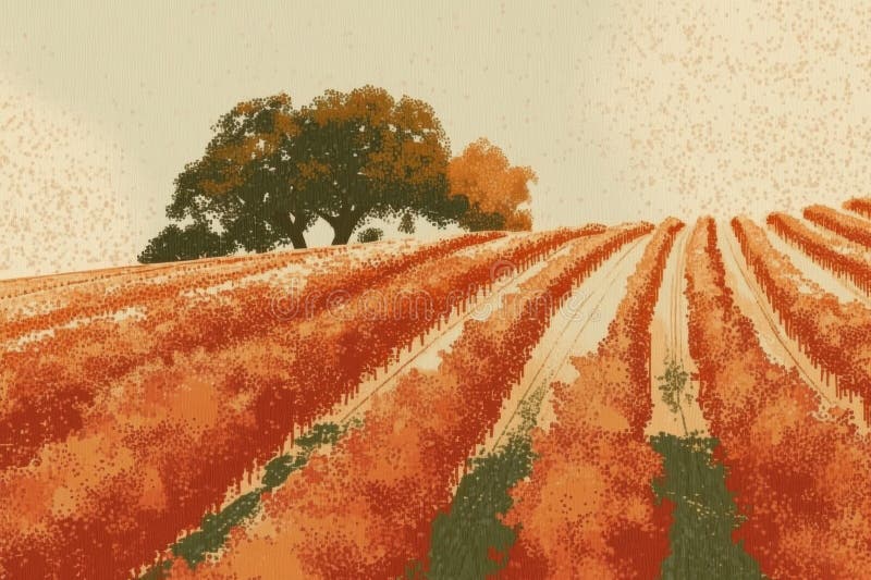 Minimalistic Stylized Landscape Featuring Tree and Agricultural Field ...