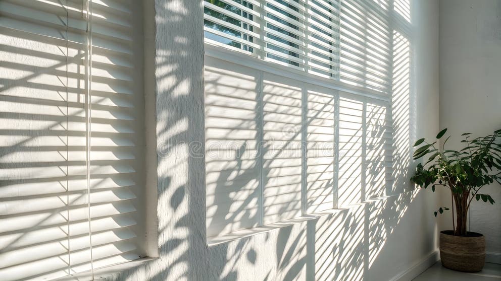 Sunlight Shadow Patterns from Window Blinds on White Wall Stock ...