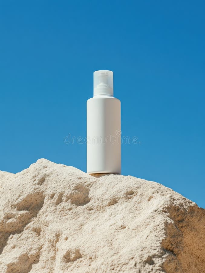 Minimalistic Sunscreen Bottle on Stone with Blue Sky Background for ...