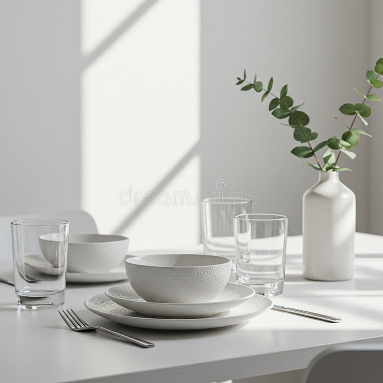 A Minimalistic Table Setting with White Ceramic Bowls and Plates ...