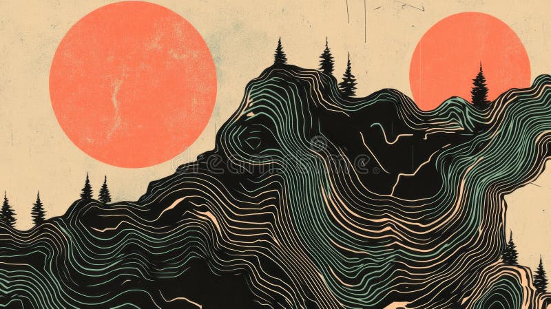 A Minimalistic Topographic Map Featuring Bold Black Lines and Soft ...