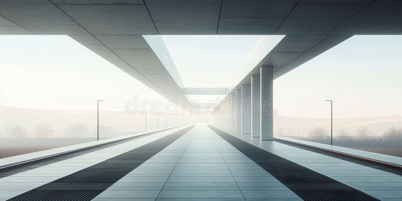 Minimalistic Train Station Platform with Industrial Beams and Tracks ...