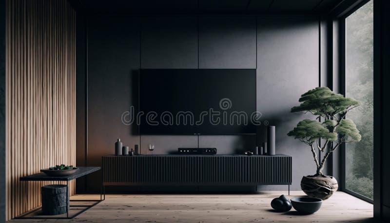 Minimalistic TV Zone with Black Console in Modern Interior Design ...