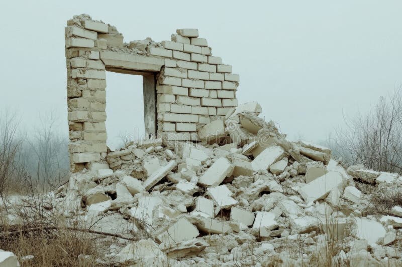 Minimalistic View of a Destroyed Building Ruin with Crumbling Brick ...