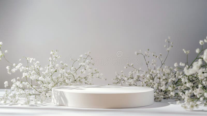 Minimalistic White Circular Pedestal with Delicate Flowers in Soft ...