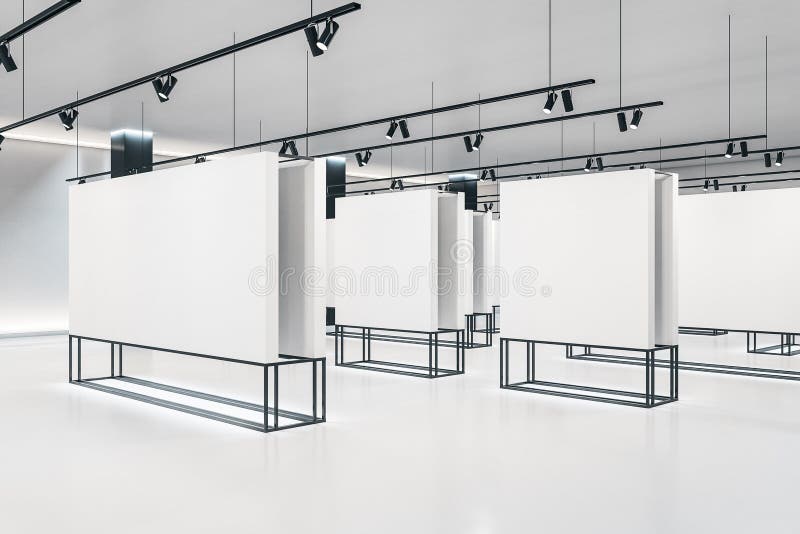 Minimalistic White Gallery Interior with Empty Exhibition Stand Stock ...