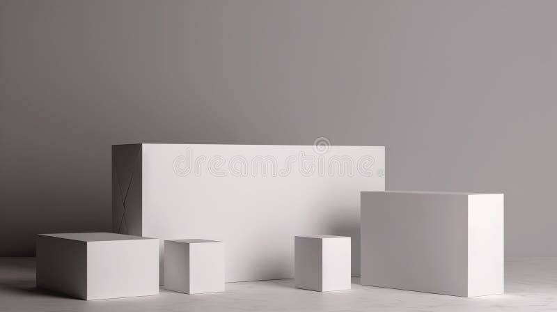 Minimalistic White Geometric Shapes Display with Subtle Shadows on Grey ...
