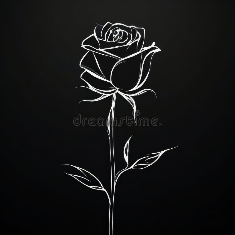Minimalistic White Rose Line Drawing on a Black Background Stock ...
