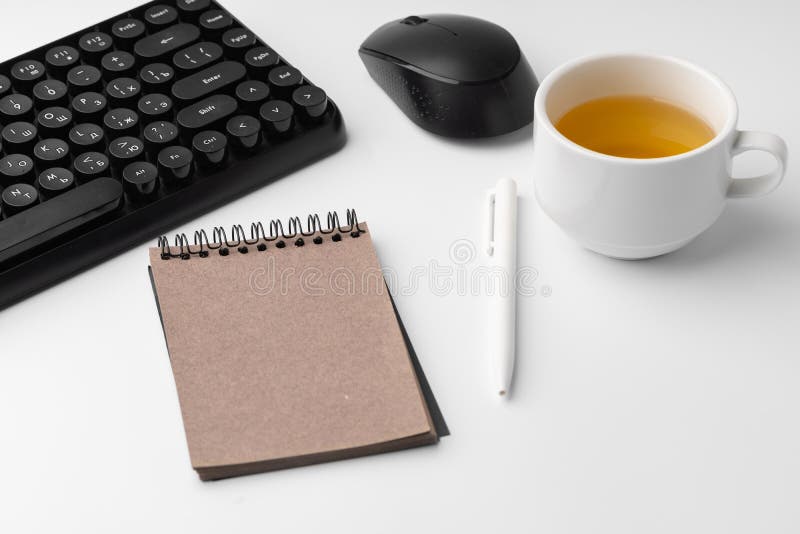 Minimalistic White Workplace with Keyboard and Notebook Stock Image ...