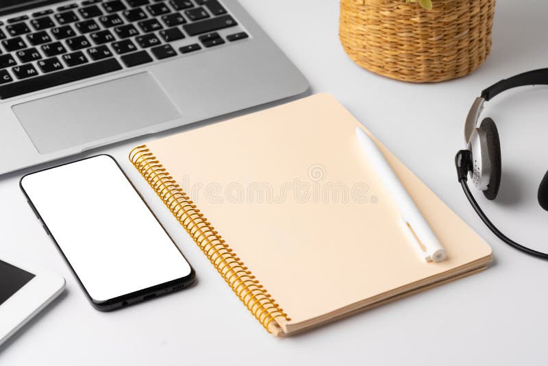 Minimalistic White Workplace with Keyboard and Notebook Stock Photo ...