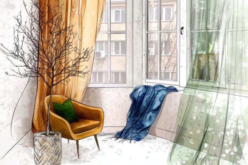 Minimalistic Winter Interior with Cozy Chair and Bare Tree in ...