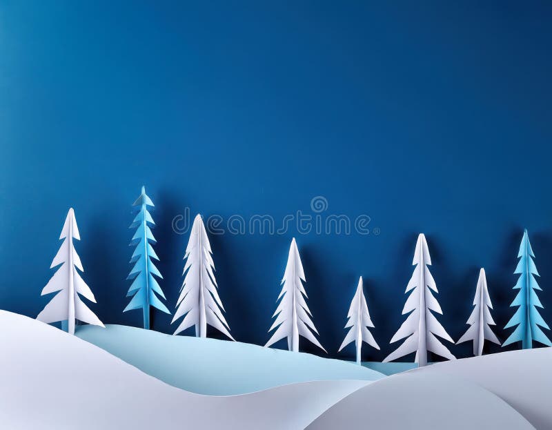 Minimalistic Winter Scene with Paper Trees on Blue Background Stock ...