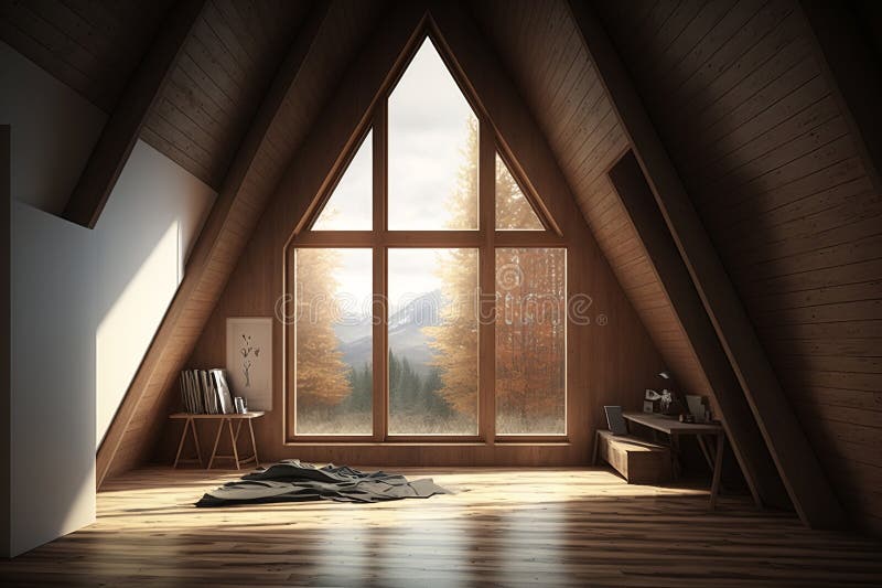 Minimalistic Wooden Interior, Triangle Shaped Room Indoors Sunlight ...