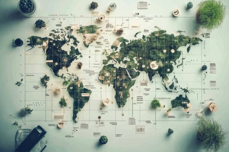 Minimalistic World Map Illustration with Flora for Decorative Timeline ...