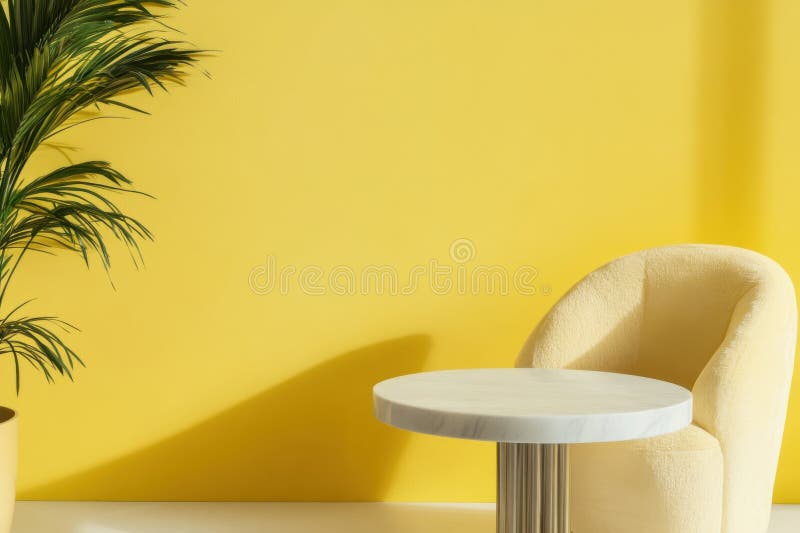 Minimalistic Yellow Interior with Chenille Chair and Marble Table Stock ...