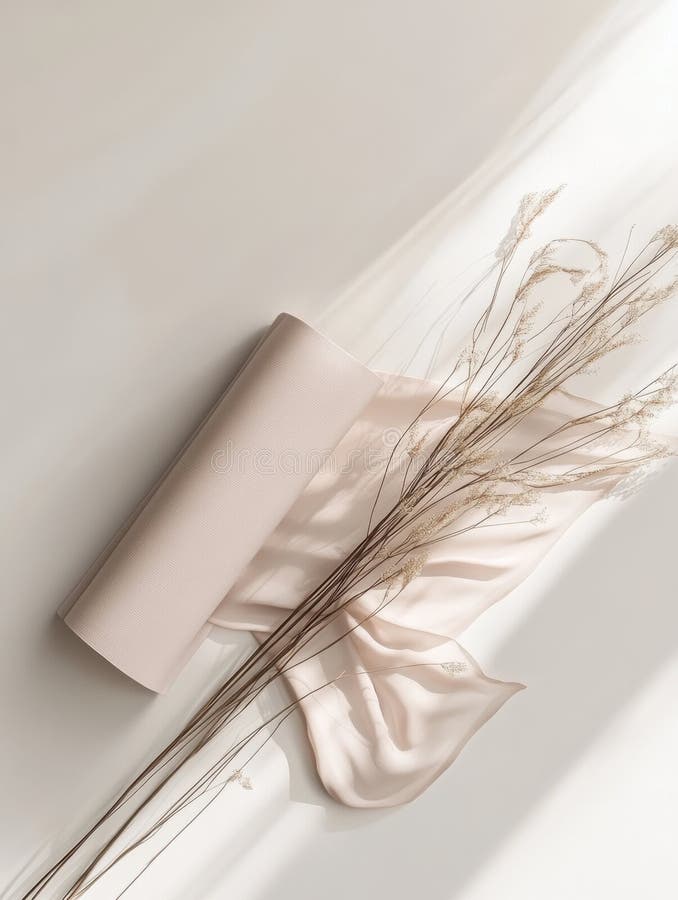 Minimalistic Yoga Mat on Light Background with Natural Elements Creates ...