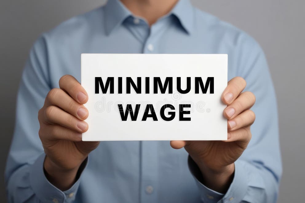 Minimum Wage Text Words Phrase on a Sign in the Hands of a Worker Stock ...