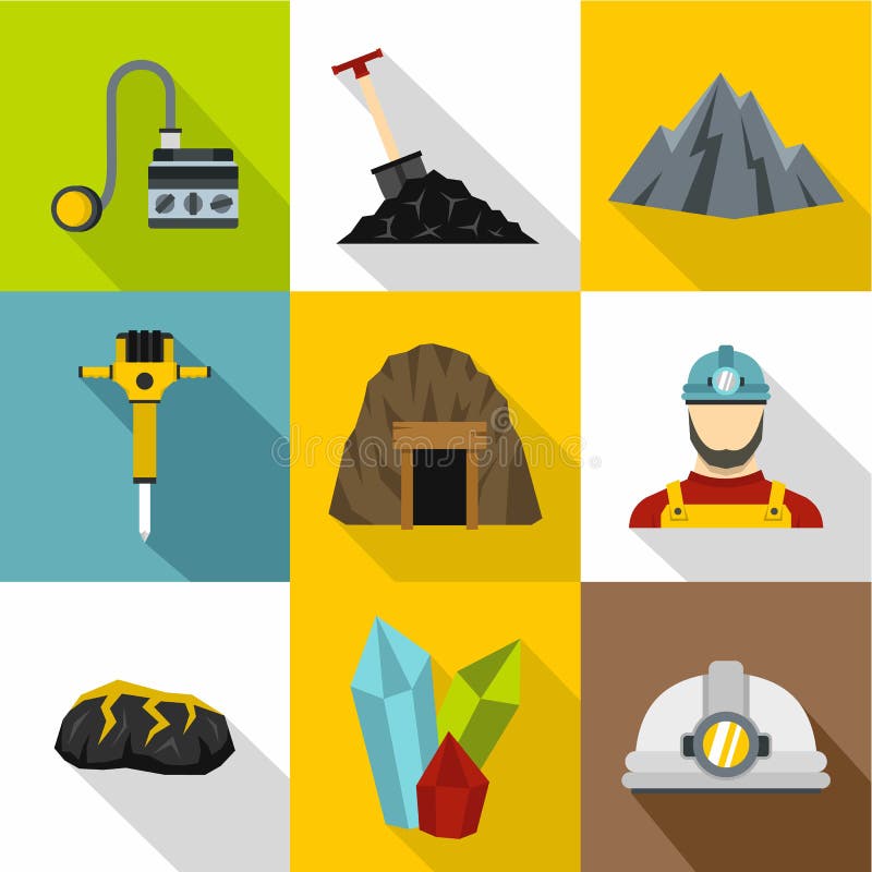 Mining Activities Icons Set, Flat Style Stock Vector - Illustration of ...