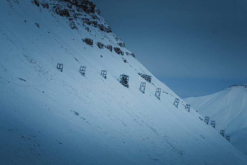 Mining Cable Tramway on Snowy Mountain in Longyearbyen, Svalbard in ...