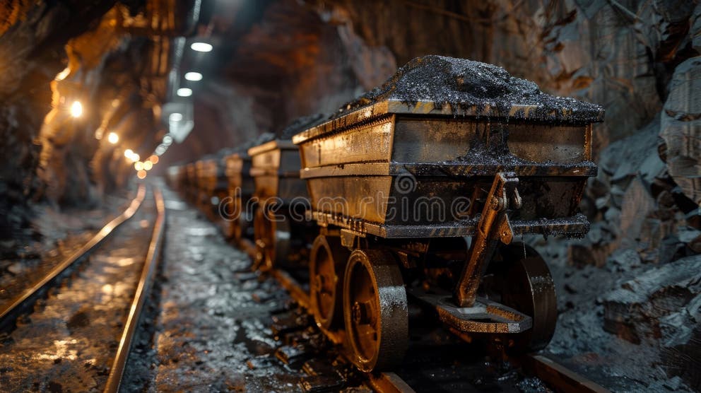 Mining Carts Filled with Coal Inside an Illuminated Tunnel. Stock Image ...