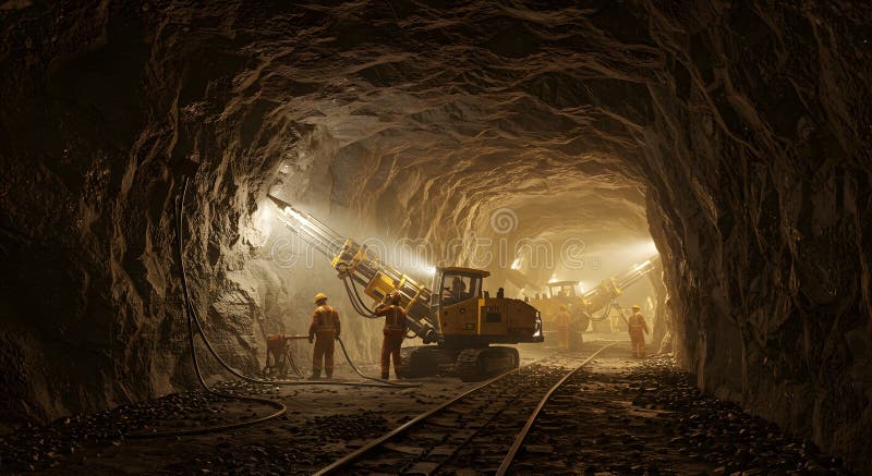 Mining Drill Operators Working Underground in a Tunnel Construction ...