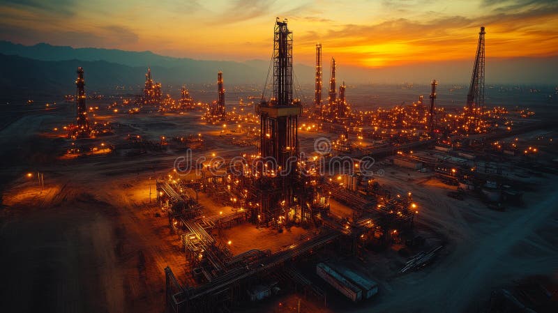 Mining and Drilling Operations Illuminated at Sunset in an Offshore ...