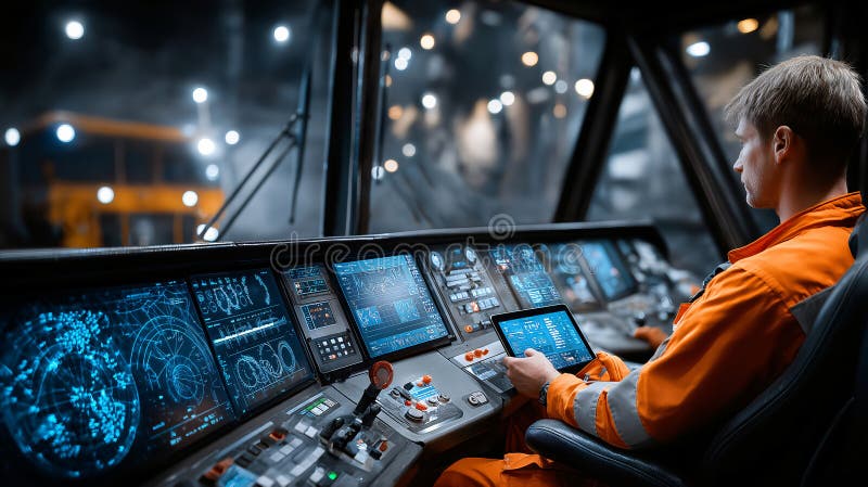 Mining Engineer in Control Room Operating Machinery Stock Illustration ...