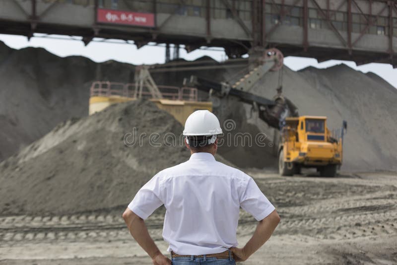 Mining Engineer in Helmet Supervises Work of Granite Workshop Stock ...