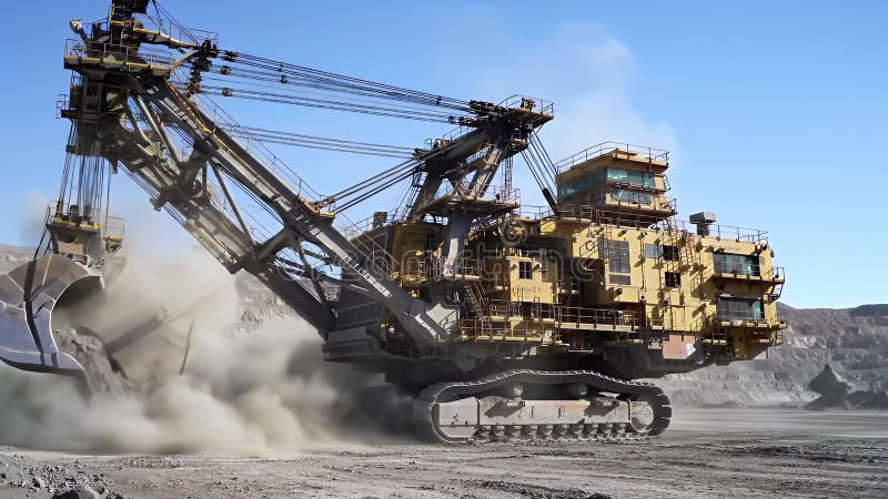 Mining Excavator Digging with Dust Clouds in Wide Angle at a Quarry ...