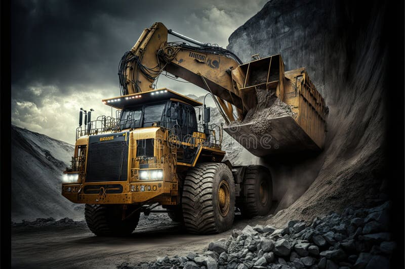 Mining Excavator Loading Granite or Ore into Dump Truck, Coal Industry ...