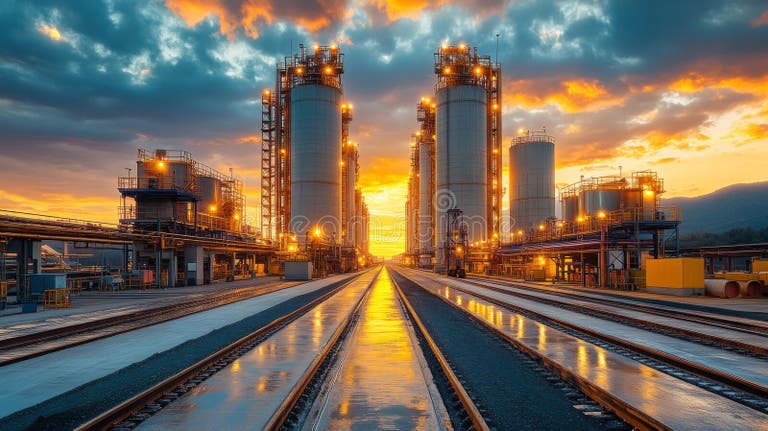 Mining and Extraction Facility at Sunset Showcasing Infrastructure and ...