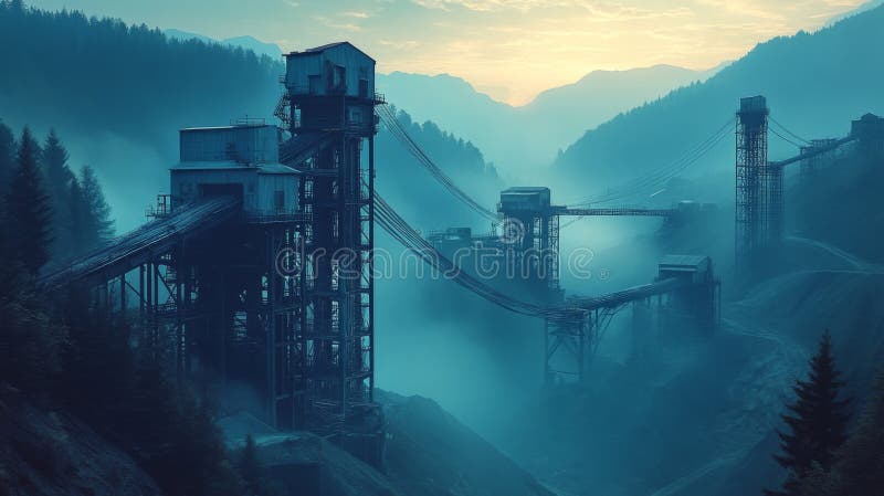 Mining and Extraction Site at Dawn in Mountainous Terrain with ...