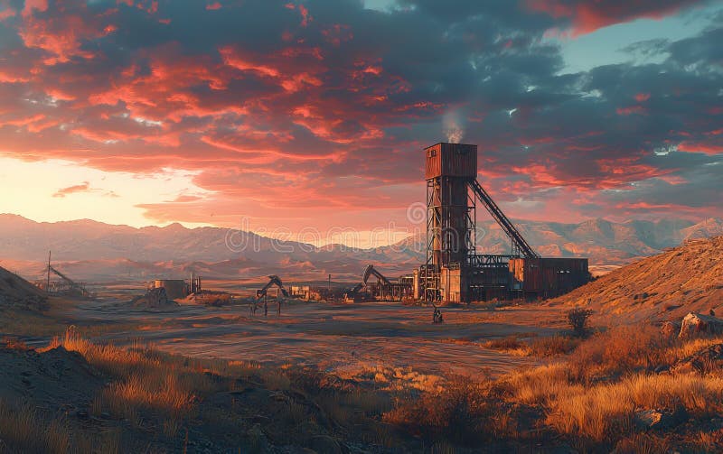 Mining Facility with Dramatic Sunset Sky Stock Illustration ...