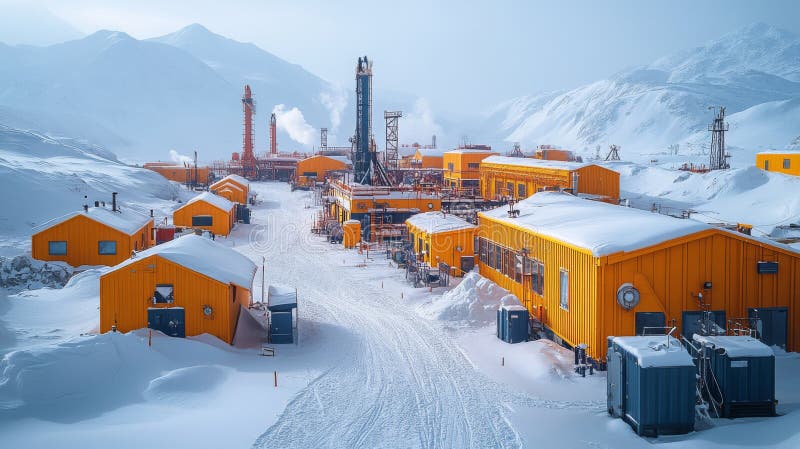 Mining Facility in Snowy Landscape with Yellow Structures Supporting ...