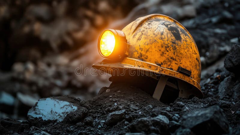 Mining Helmet with Light Resting on Coal in Dark Mine Stock Photo ...