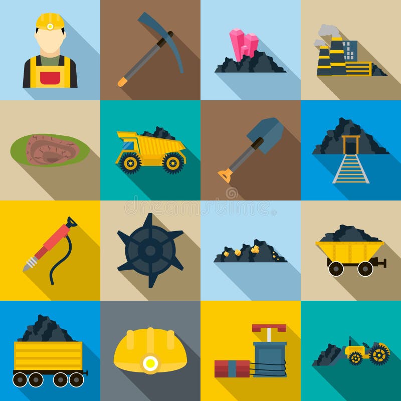 Mining Icons Set, Flat Style Stock Illustration - Illustration of ...