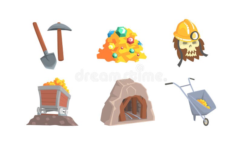 Mining Industrial Tools with Pile of Valuable Minerals and Trolley ...