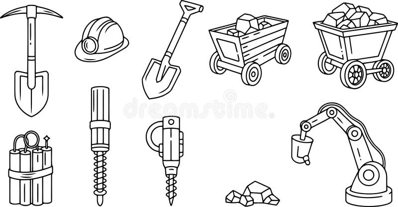 Mining Industry Equipment and Tools Vector Set Outline Style for ...