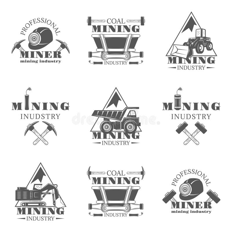 Mining Industry Set of Vector Monochrome Vintage Emblems, Labels ...