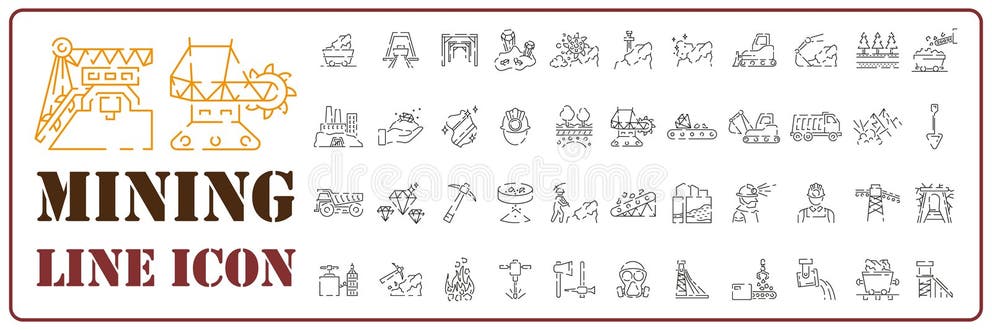 Mining Line Icon Set. Extraction of Minerals in the Mine and Surface ...