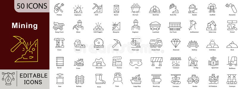 Mining Line Icons Set - 50 Editable Vector Symbols for Industrial ...